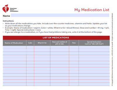 Cardiac Rehabilitation Medication Tracker | American Heart Association